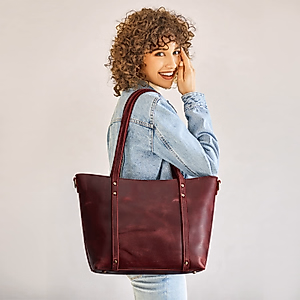 S-ZONE Genuine Leather Tote Bag for Women Vintage Shoulder Handbag Purse with Crossbody Strap Medium