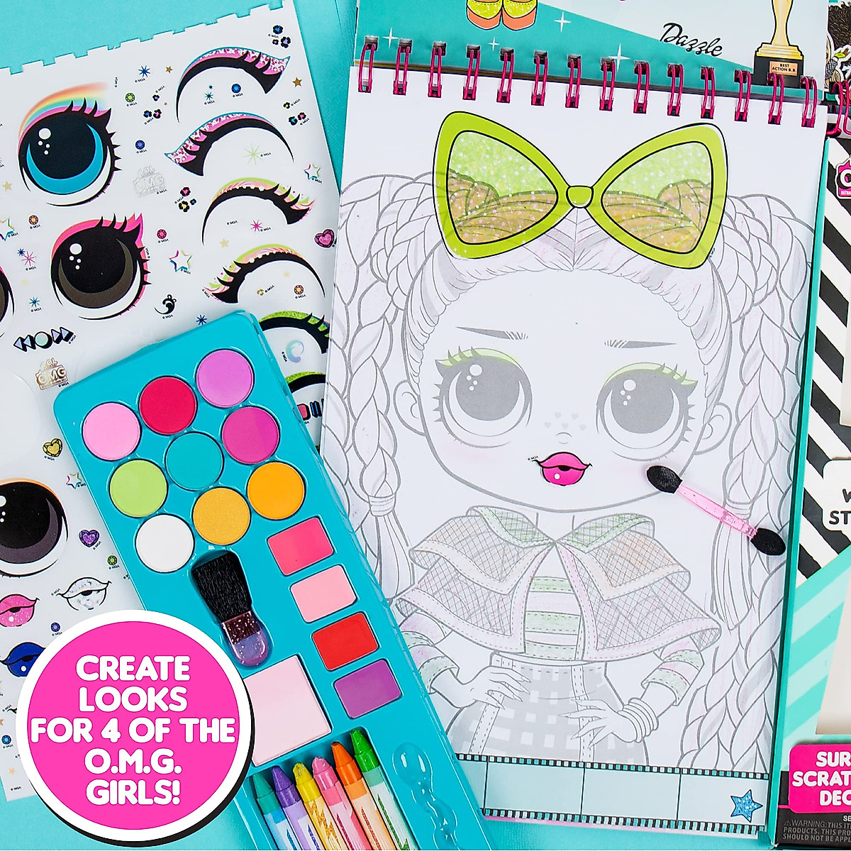 Horizon Group USA L.O.L. Surprise! O.M.G. Make-Up Artist Magazine, Double Feature Series, Includes Spiral-Bound Make-Up Sketchbook, Crayons, Stickers, Surprise Scratch Reveal Stickers & More