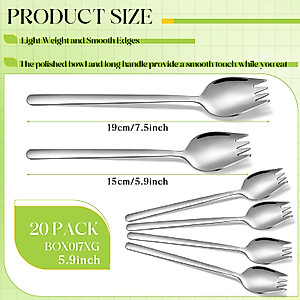 FillTouch 20 Pcs Stainless Steel Sporks Salad Forks Long Handle Dessert Ice Cream Spoons Fork Reusable Fruit Appetizer Forks for Everyday Use, Back to School Lunch Supplies Camping Hiking (5.9 Inches)