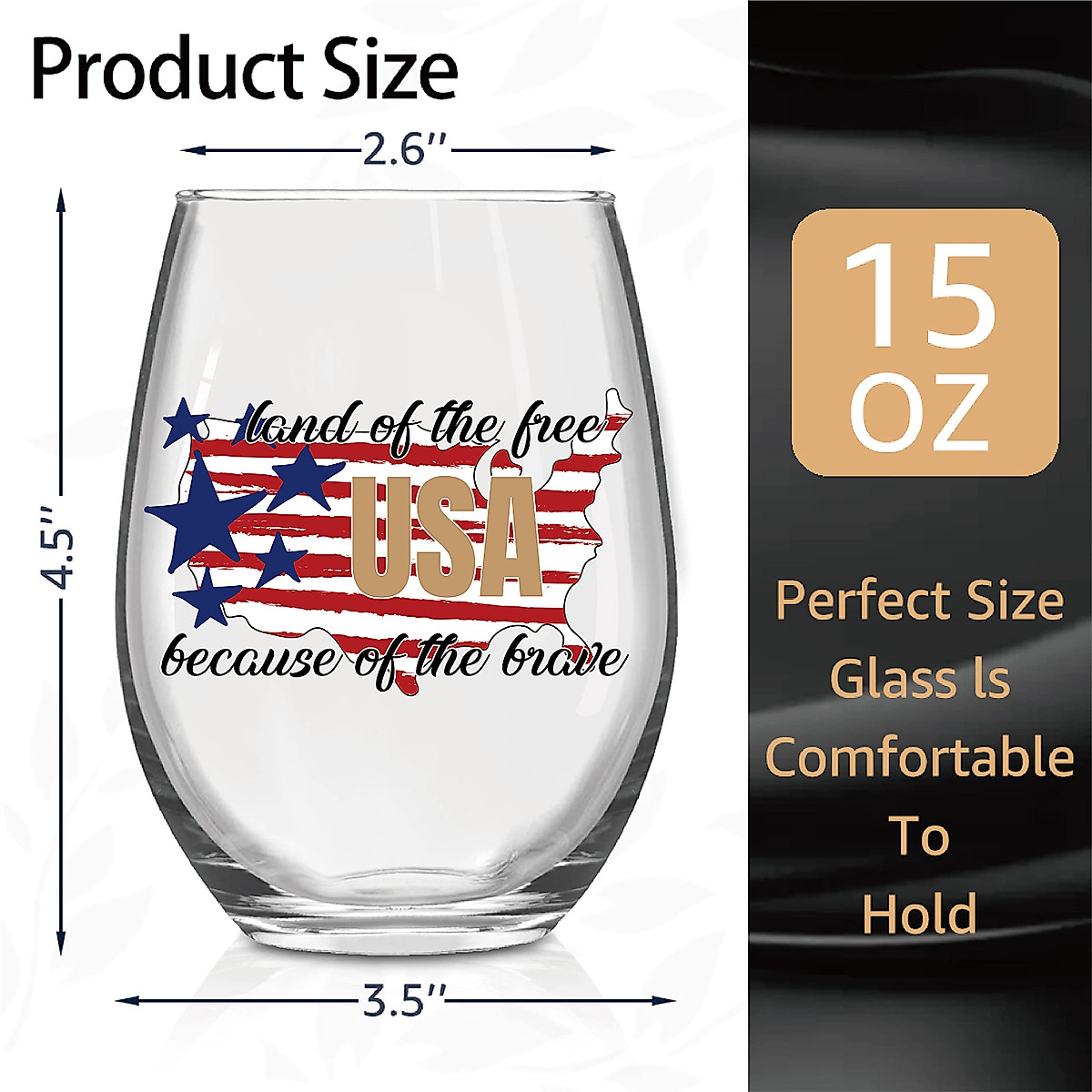 Pishovi USA Land of The Free Because of The Brave Wine Glass with Gift Box, Funny Flag Stemless Wine Glass, Memorial Day Gift, Day of Honor Retirement Gifts for Dad Grandpa Veteran Gifts