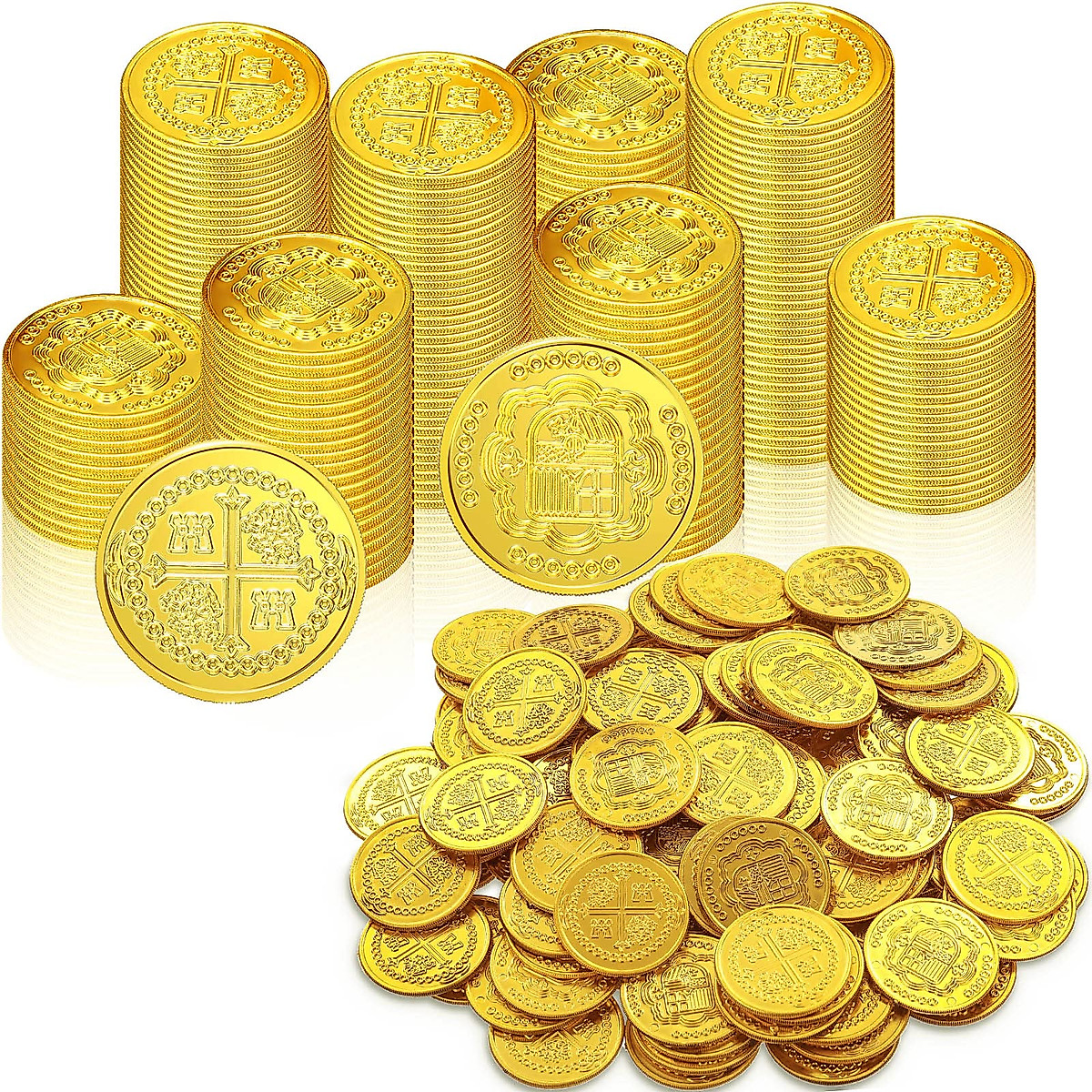 Chivao 300 Pcs Gold Coins Plastic Treasure Pirate Coins Toy Carnival St. Patrick's Day Party Favors Fake Toy Pirate Party Decoration Birthday Adventure Themed Supplies(Gold)