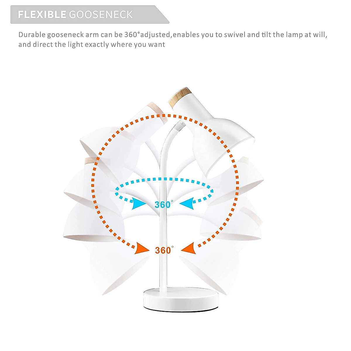 amezin White Desk Lamp 7w E26 LED Touch Control Gooseneck Metal Desk Lamps, Adjustable Modern Wood Eye-Caring Table Lamp for Girls Kids Home Office Bedroom College Dorm