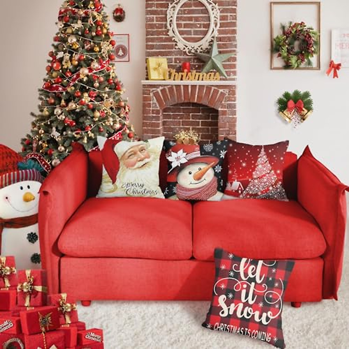 Emvency Set of 4 Throw Pillow Covers Christmas Snowman Let It Snow Red Black Buffalo Plaids Chair Decorative Pillow Cases Home Decor Square 16x16 Inches Pillowcases