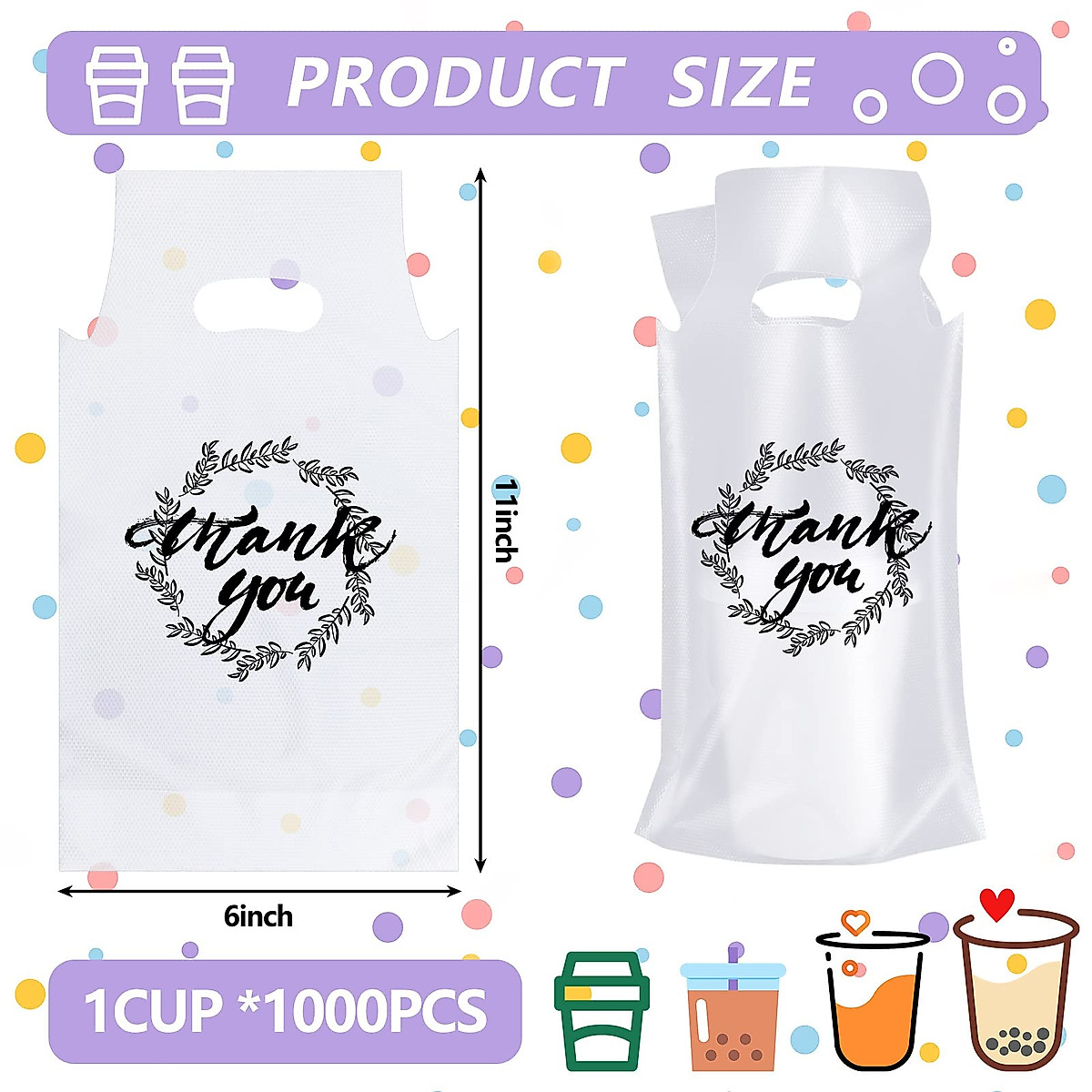 Kisston 1000 Pcs Drink Carrier for Delivery, Plastic Drinking Carrier Bags Thank You Clear Handle Drink Poly Bags Drink Bags Bulk Cup Carrier for Coffee Tea Beverage Juice (Hold 1 Cup)