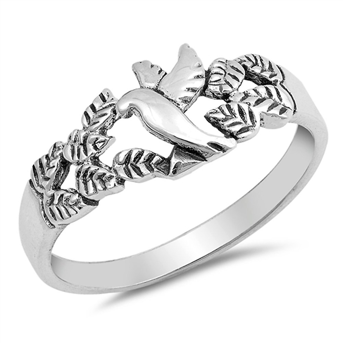 Dove Leaf Oxidized Peace Bird Filigree Ring .925 Sterling Silver Band Size 5