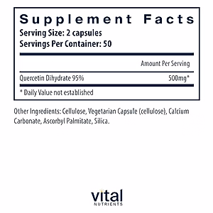 Vital Nutrients Quercetin | Vegan Quercetin Supplement with Bioflavonoids for Sinus, Respiratory, Heart, & Immune Function Support | Gluten, Dairy, Soy Free | 500mg | 100 Capsules