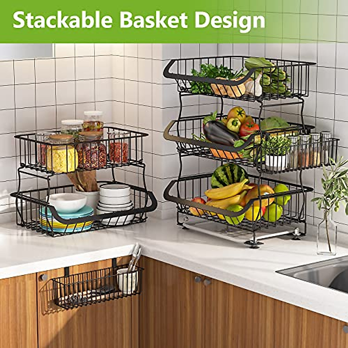 Fruit Vegetable Basket, 1Easylife 5 Tier Stackable Metal Wire Basket Cart with Rolling Wheels, Utility Rack for Kitchen, Pantry, Garage With 2 Free Baskets (Black)