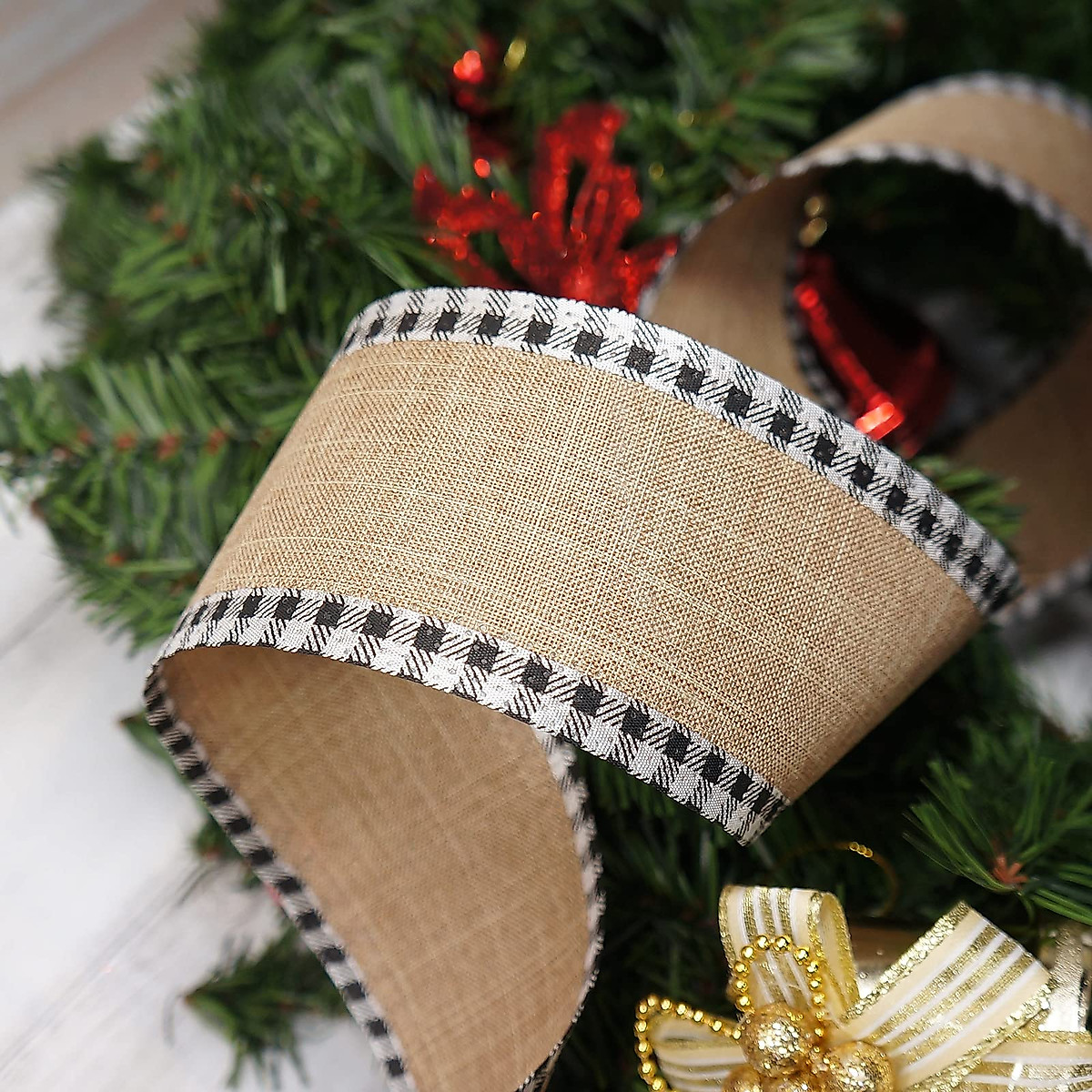CT CRAFT LLC Burlap Plaid Buffalo Checkered Edge Wired Ribbon, 2.5" x 20 Yards x 1 Roll - Black with White, for Christmas, Home Decor, Gift Wrapping, Tree Topper Bow, Wreath, DIY Crafts