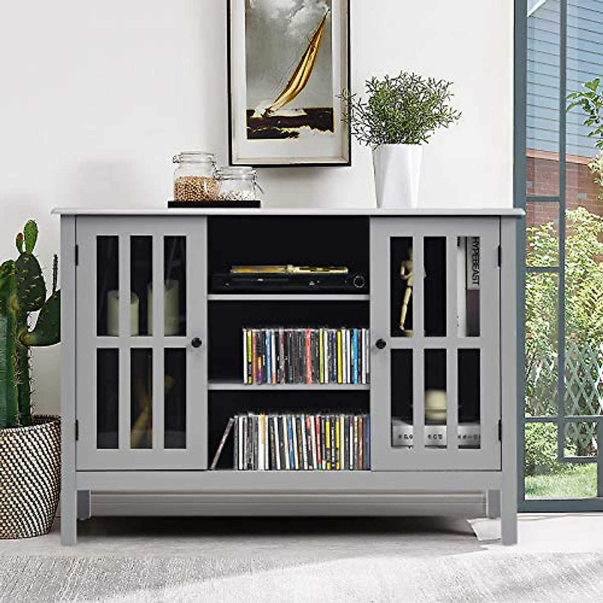 Tangkula TV Stand, Modern Tall Entertainment Center for TVs up to 50", Media Console w/2 Storage Cabinets & 3 Open Shelves, Wire Hole, Wood TV Console Table for Living Room, Grey