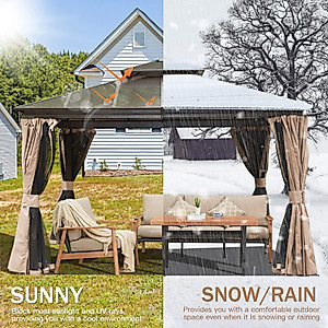 Domi Outdoor Living 12’ x 12’ Hardtop Gazebo, Outdoor Aluminum Frame Canopy with Polycarbonate Double Roof, Outdoor Permanent Metal Pavilion with Curtains and Netting for Patio, Backyard and Lawn