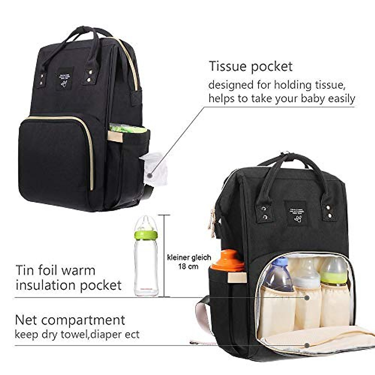 Arolly Multi-Function Waterproof Diaper Bag Travel Backpack Nappy Tote Bags for Baby Care, Large Capacity, Stylish and Durable (Black)