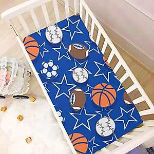 Baby Fitted Mini Crib Sheets Portable Playard Sheets Stretchy Basketball Star Blue Girls Boys Soft Modal
