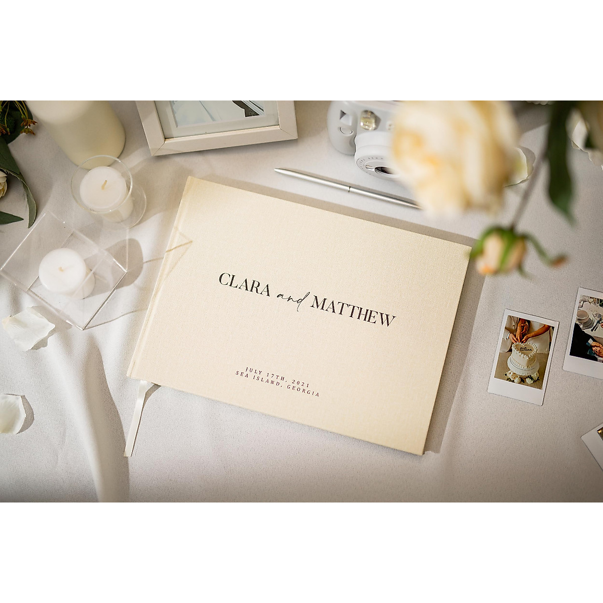 Personalized Guest Book - 11.5" x 8.5" Premium Custom Guest Signing Book with Bookmark and Blank Pages for Wedding Reception Table Decoration Engagement Birthday Party Event, Cream