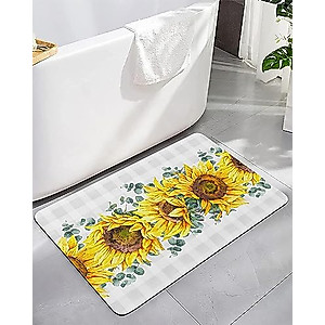 Sunflower Eucalyptus Bath Mat for Tub,Non Slip Bathroom Floor Runner Rug Quick Dry & Absorbent Diatomaceous Earth Shower Sink Kitchen Living Room Washable Doormat,Farmhouse Buffalo Plaid Grey 24"x36"