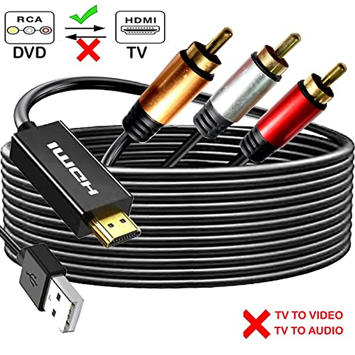 RCA to HDMI Cable 10FT with IC, 3-RCA AV to HDMI Male Cable Video Audio Component Converter Adapter 1080P Cable for TV HDTV DVD