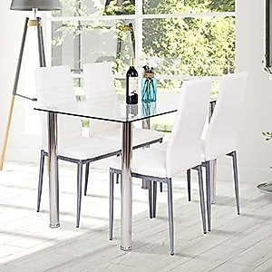 Tangkula Dining Table Set, 5 PCS Modern Tempered Glass Top PVC Leather Chair Dining Table and Chairs Set Dining Room Kitchen Furniture, White