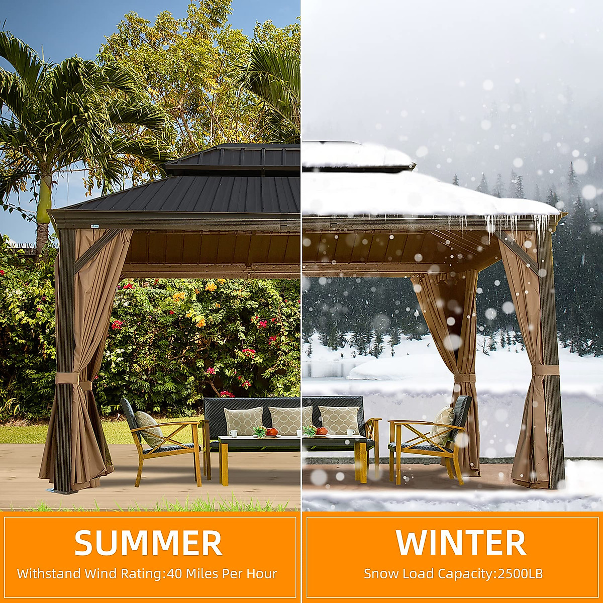 Domi Hardtop Gazebo 10x12ft Outdoor Pergola Metal Gazebos Backyard Pavilion Aluminum Roof Canopy with Mosquito Netting and Curtains for Patio,Garden,Lawn(Brown)