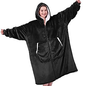 JOYWOO Oversized Wearable Blanket Hoodie, Long Hooded Blanket for Adult, Birthday Christmas Gifts for Women Men, Cozy Sherpa Sweatshirt Blanket with Giant Pocket and Zipper, Black