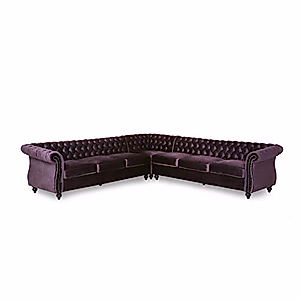 Great Deal Furniture Annabelle 7 Seater Velvet Tufted Chesterfield Sectional BlackBerry and Dark Brown