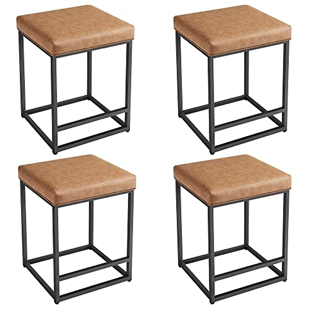 Yaheetech 24" Metal Barstools Set of 4 Counter Height Bar Stools Backless Industrial Stool Modern Upholstered Leather Stools Dining Cafe Chair Brown