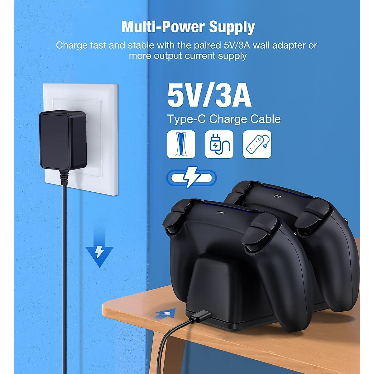 Controller Charging Station for PlayStation 5 Dualsense Controller with Dual Stand Charger Dock, Upgrade Controller Charger for PS5 Accessories Fast Charging Cable, Charging Station Black for PS5