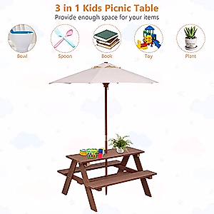 KOTEK Kids Picnic Table with Umbrella Foldable, Wooden Kids Table & Benches for Crafting, Eating & Playing, Outdoor Toddler Activity Table for Backyard, Patio, Garden, Gift for Ages 3-8