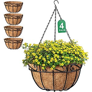 AMAGABELI GARDEN & HOME 4 Pack 14 Inch Plant Hanging Baskets Metal for Flowers Round Outdoor Hanging Pots Holder Hanger Metal with Coco Liner Chain Large Artificial Plants Decoration Black Basket14