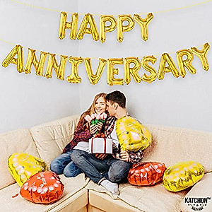 KatchOn, Gold Happy Anniversary Balloons Letters - Huge, 16 Inch | Gold Happy Anniversary Banner for Happy Anniversary Decorations | Gold Happy Anniversary Sign for Anniversary Party Decorations