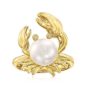 Ross-Simons 9mm Cultured Pearl Crab Ring With Diamond Accents in 18kt Gold Over Sterling. Size 8