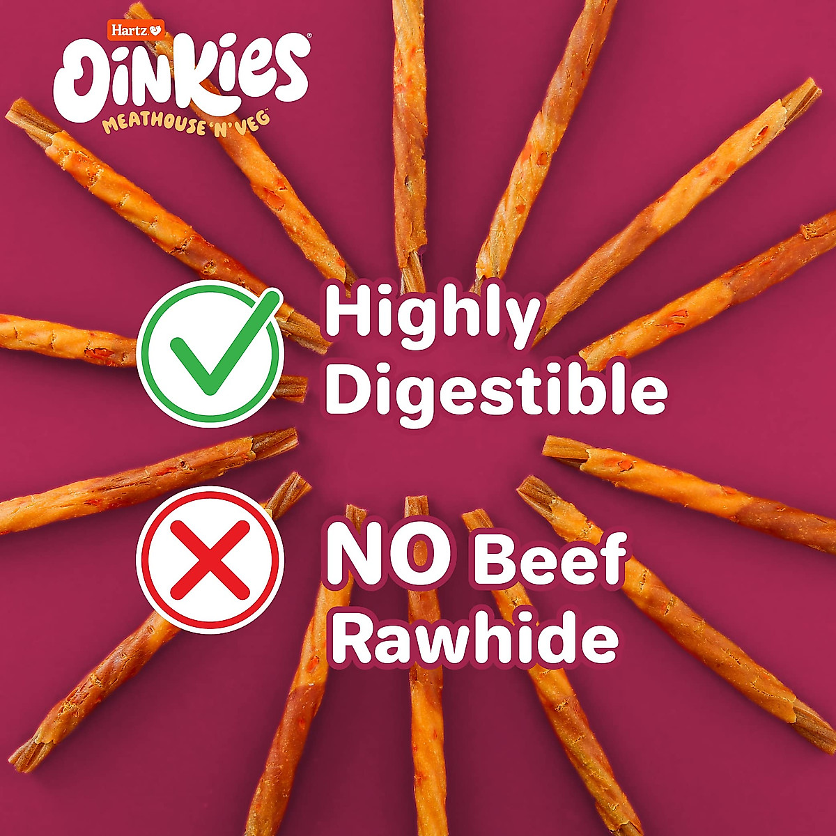 Hartz Oinkies Tender Ribs with Real Chicken, Duck & Veggies, Peanut Butter Flavored Rawhide-Free Dog Treats, Highly Digestible Dog Chews, 22 Count