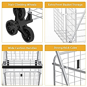 Supenice Grocery Shopping Cart with Wheels Deluxe Stair Climber Utility Cart Easily Collapsible Cart with Tri-Wheels, 66 LBS Capacity, Extended Foam Cover, Trolley for Shopping, Stair, Laundry