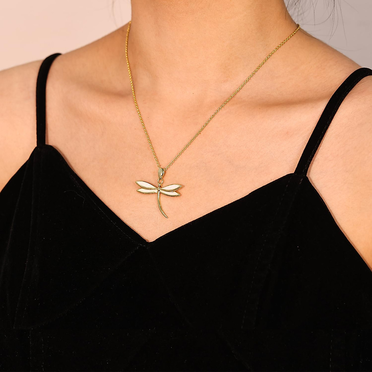 FANCIME Yellow Gold Plated Sterling Silver Opal Dragonfly Necklace Long Chain Charm Dainty Pendant October Birthstone Jewelry for Women 16"+2"