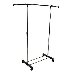 Clothes Garment Rack Clothing Rack Single Bar Adjustable Garment Racks Rolling Clothes Organizer Vertical and Horizontal Stretching Hanging Rod Stand Clothes Rack with Shoe Shelf and Wheels