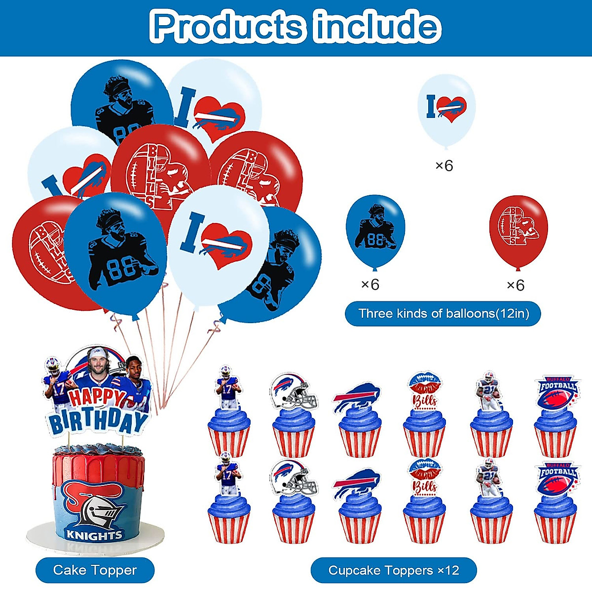 Bills Birthday Party Decorations,Buffalo Party Supplies,Buffalo Football Supplies Includes Happy Birthday Banner, Balloons, Cupcake Toppers, Cake Topper for Boys And Girls