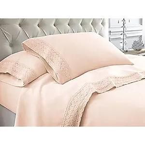 Modern Threads Soft Microfiber Crochet Lace Sheets - Luxurious Microfiber Bed Sheets - Includes Flat Sheet, Fitted Sheet with Deep Pockets, & Pillowcases Blush Full