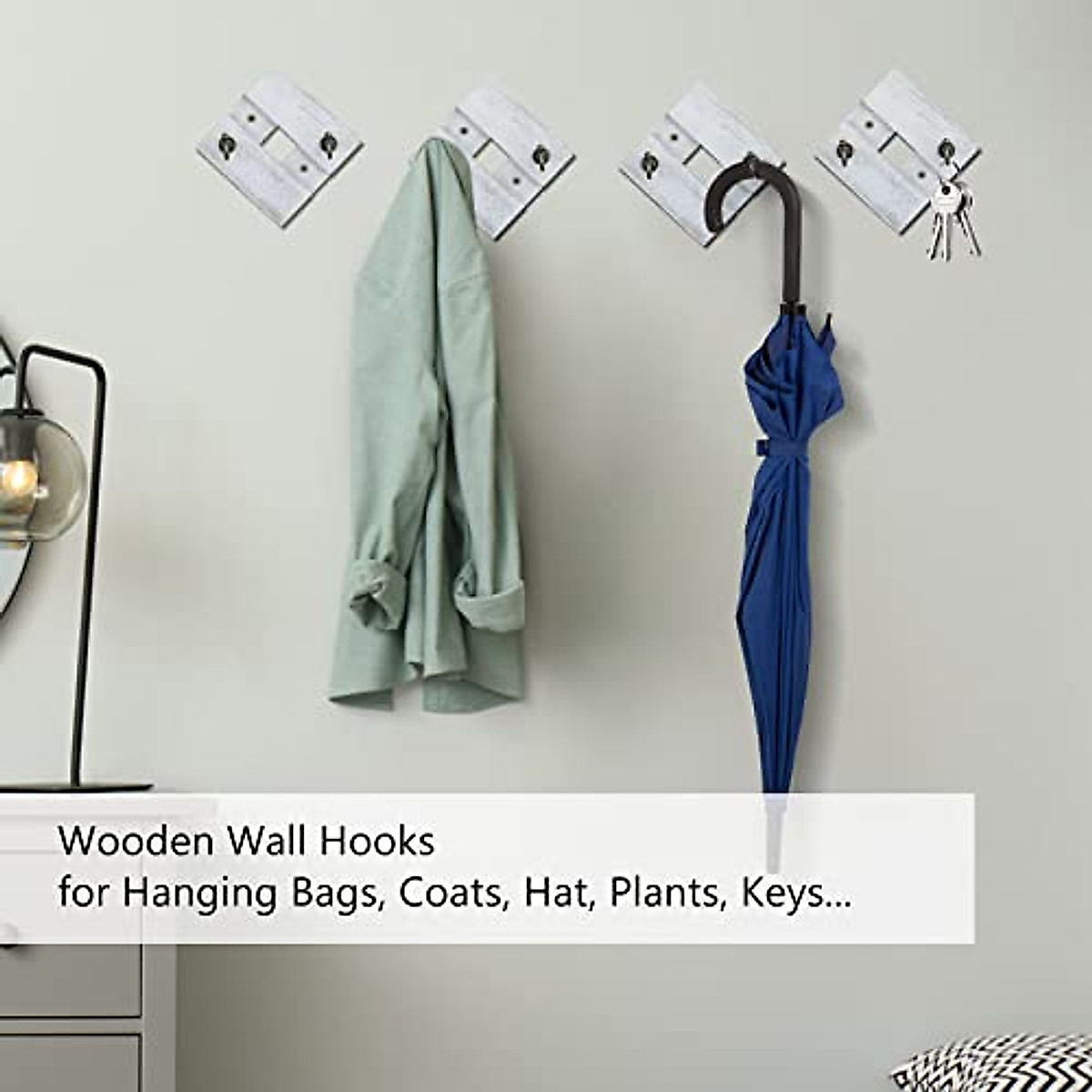 SLLPL Wooden Key Holder Wall Mounted - Coat Hooks for Wall, 4 Pack Wood Wall Hooks for Hanging, Rustic Key Hanger with Hooks for Keys, Coats, Bag, Leash, Key Rack for Entryway, Office, White