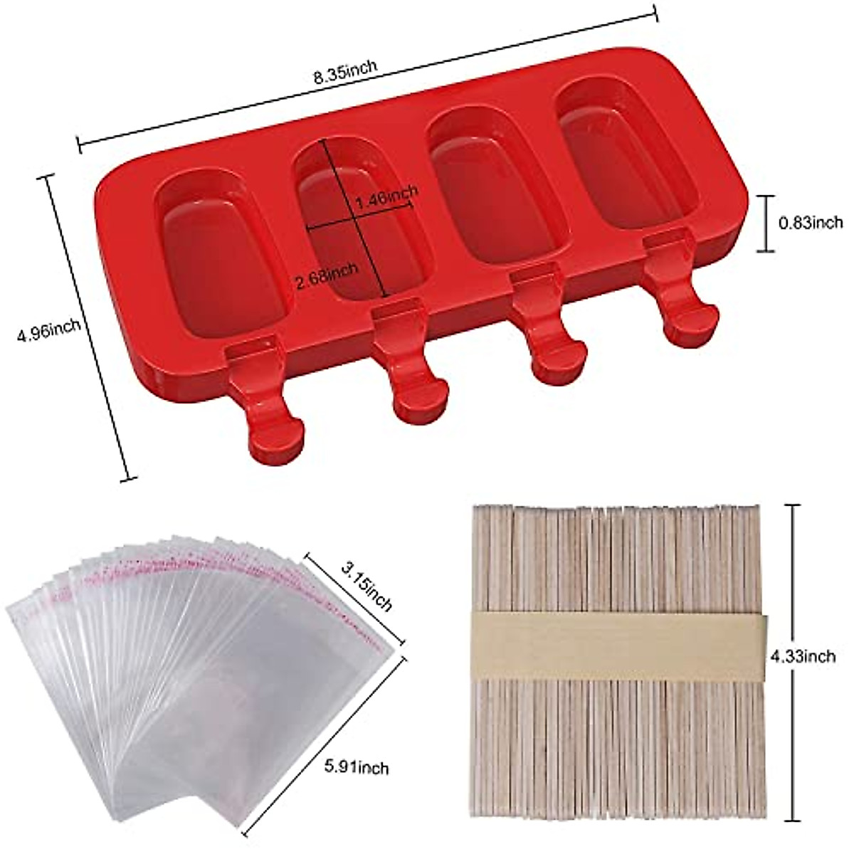 Ozera 2 Pack Popsicles Molds, Homemade Cake Pop Mold Cakesicle Molds Silicone Popcical Molds, 4 Cavities Ice Pop Cream Molds Maker with 50 Wooden Sticks & 50 Popsicle Bags for DIY Popsicles