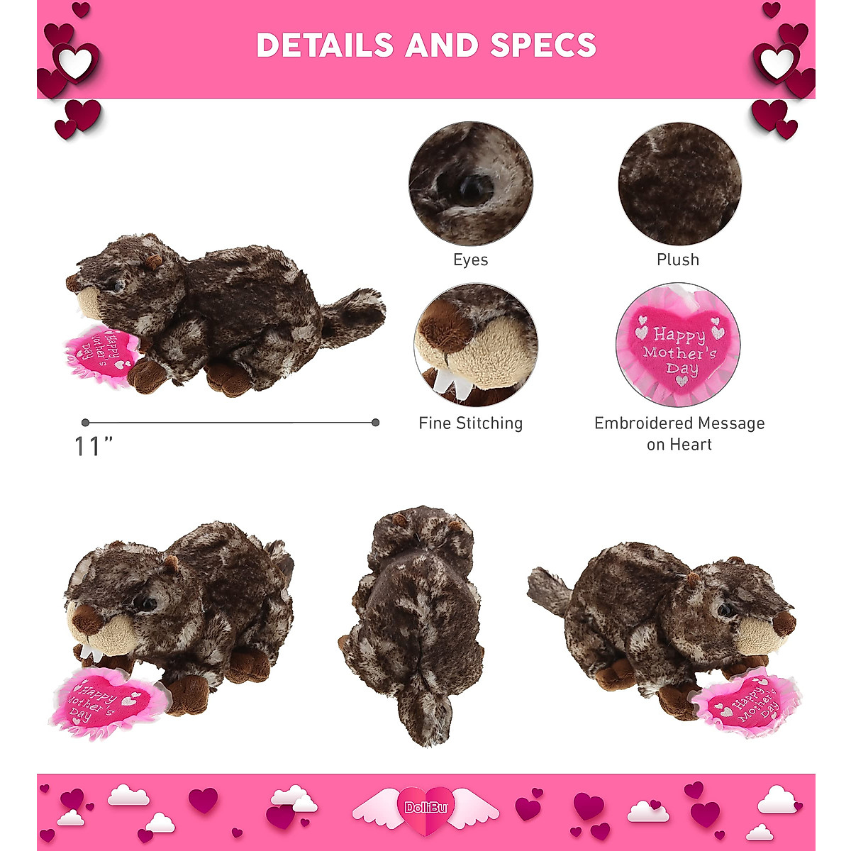 DolliBu Happy Mother's Day Super Soft Lying Marmot Plush Figure - Cute Stuffed Animal with Pink Heart Message for Best Mommy, Grandma, Wife, Daughter - 11" Inches