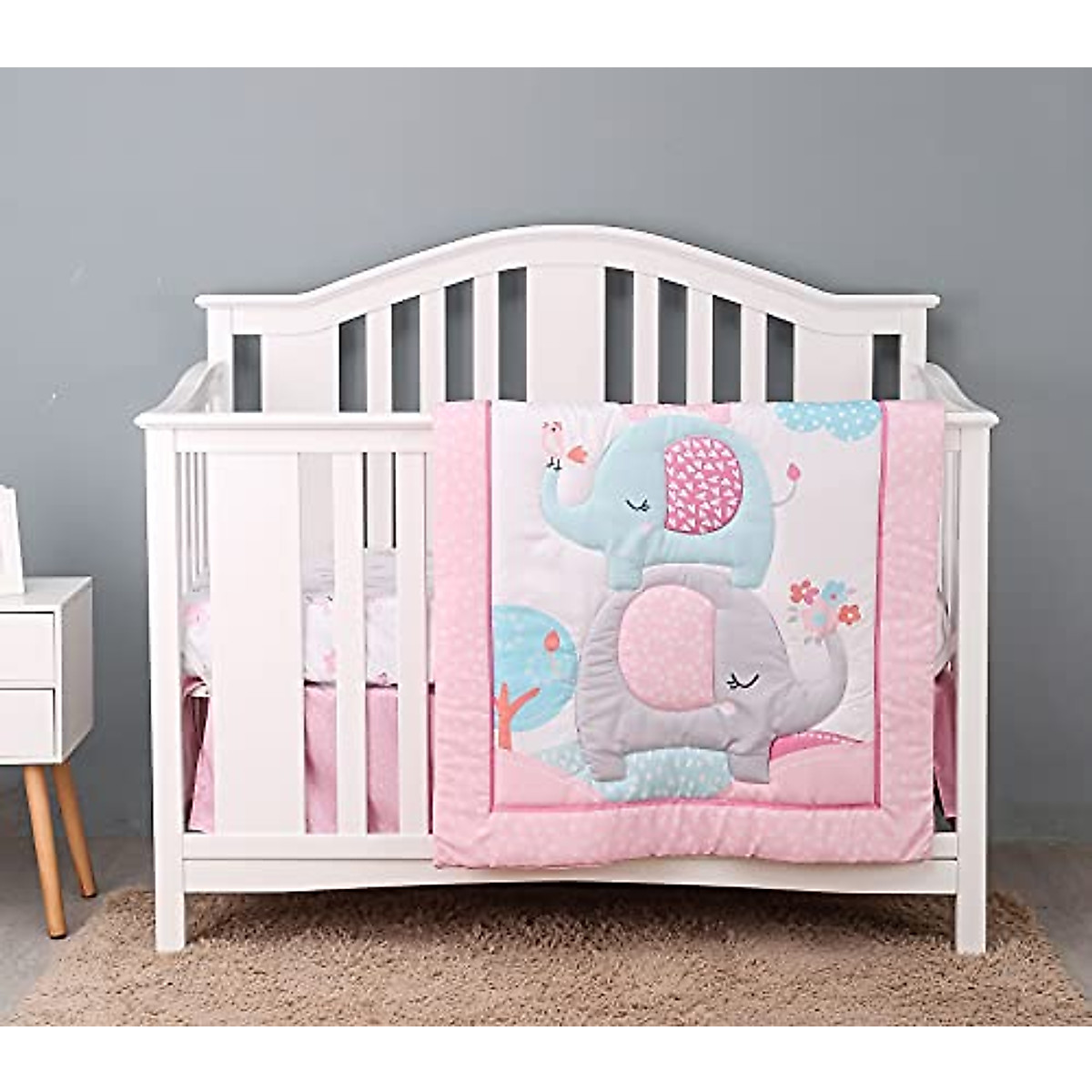 Luxanna Crib Bedding Set Pink Elephant 3 Pieces Baby Nursery Bedding Sets with Baby Comforter,Crib Fitted Sheet, Crib Skirt for Girls