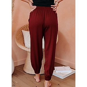Dokotoo Womens Ladies Summer Comfy Casual Loose Lightweight Solid Color Tie Elastic Waist Linen Jogging Jogger Pants Sweatpants for Women with Pockets Red Large