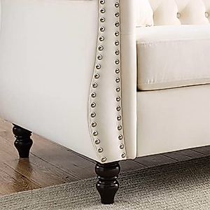 Fulocseny 3 Seater Chesterfield Sofa Velvet for Living Room,80" Sofa Tufted Upholstered Couch with Rolled Arms and Nailhead,Bedroom,Office,Apartment,Two Pillows (Velvet, Beige)