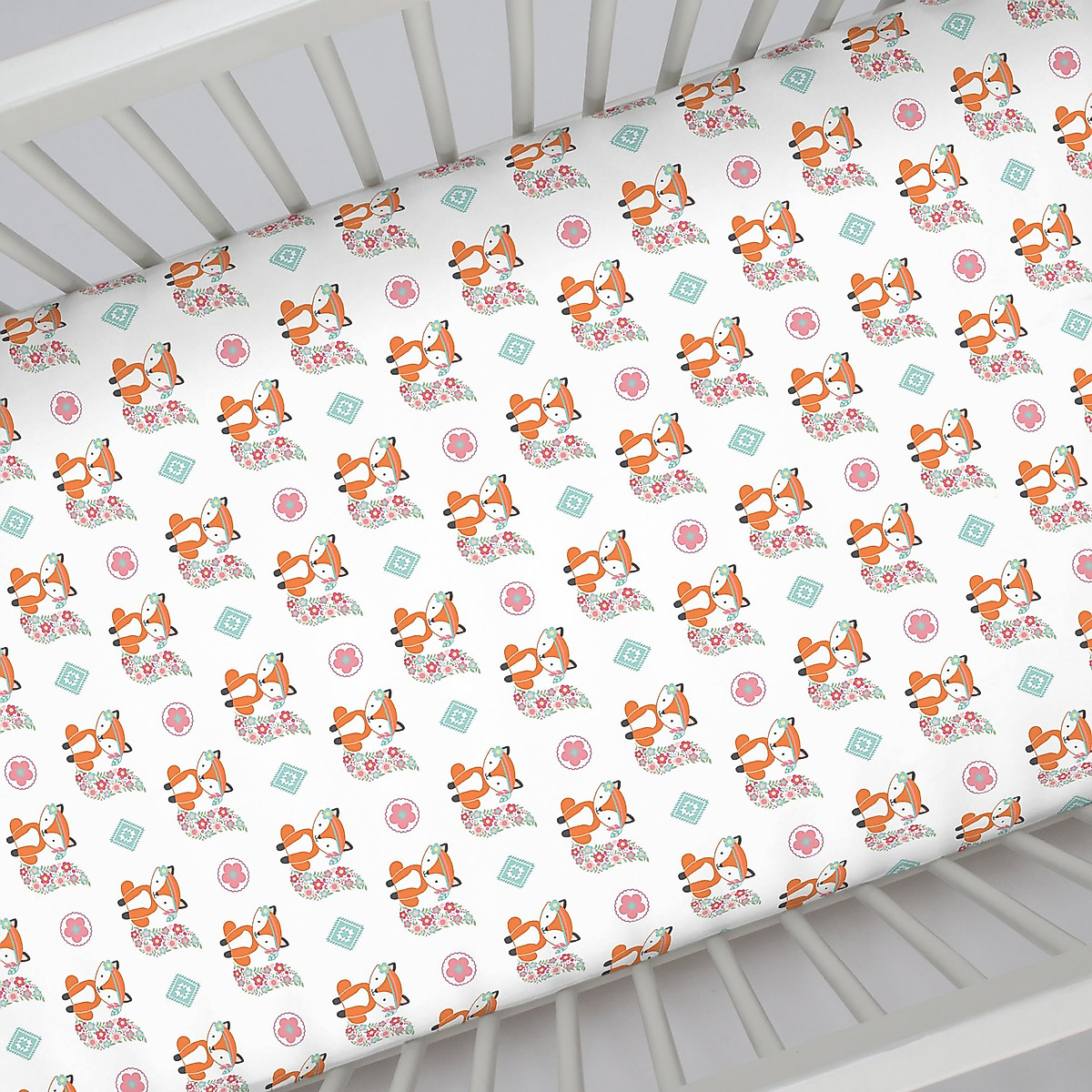 NoJo Aztec Mix & Match 100% Cotton Teal Floral Fox Fitted Crib Sheet, Pink, Orange, Aqua, White