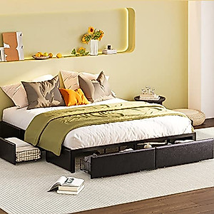 ANCTOR King Bed Frame with 4 Drawers, Faux Leather Upholstered Platform Bed, Bed with Storage No Box Spring Needed,Metal Slats Support, Easy Assembly