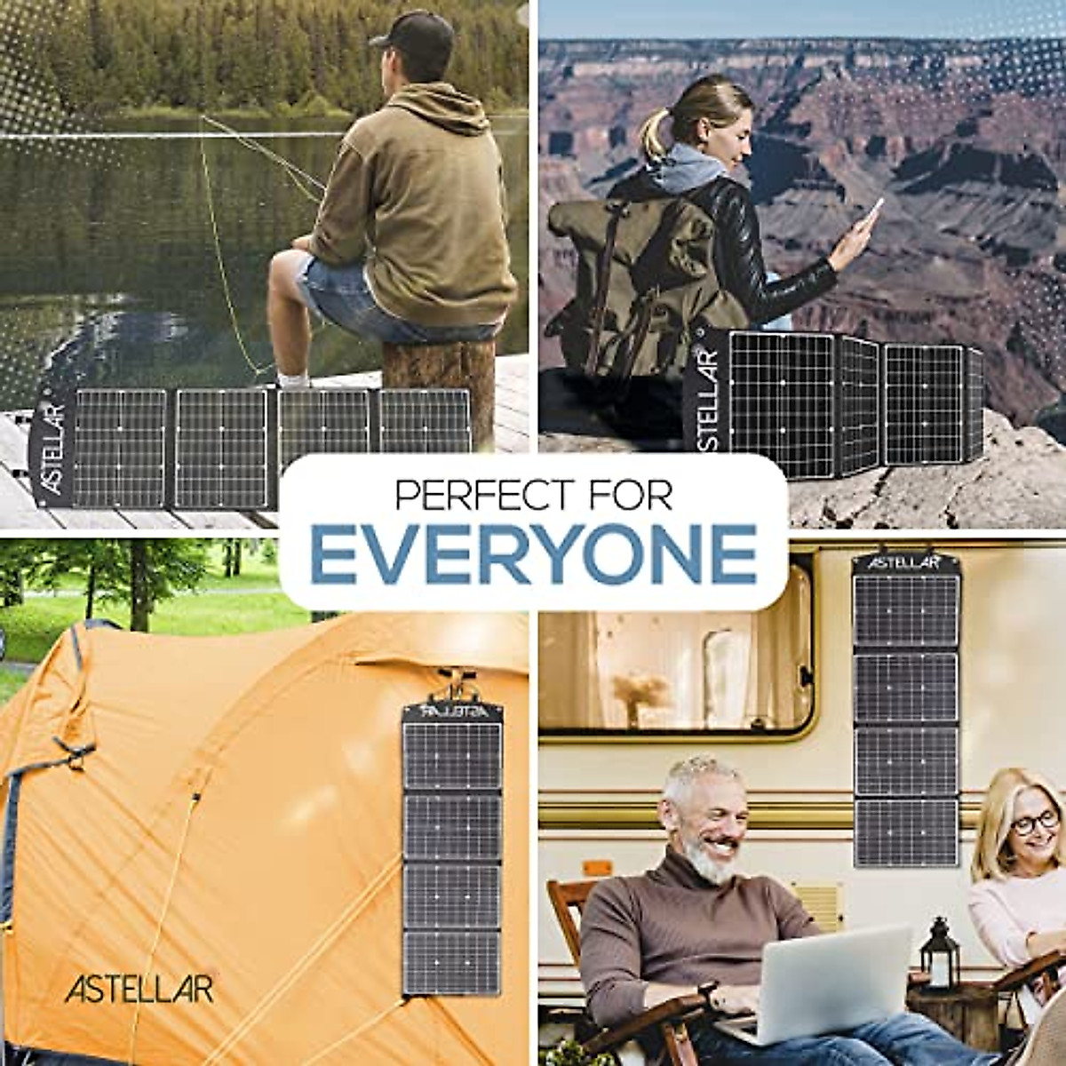 ASTELLAR Portable 120W Solar Panel - Solar Charging with Quadruple Outlet USB Port - 4 in 1 MC4 Adapter Cable Included - Monocrystalline Solar Panel for Camping, Backpacking, Travel