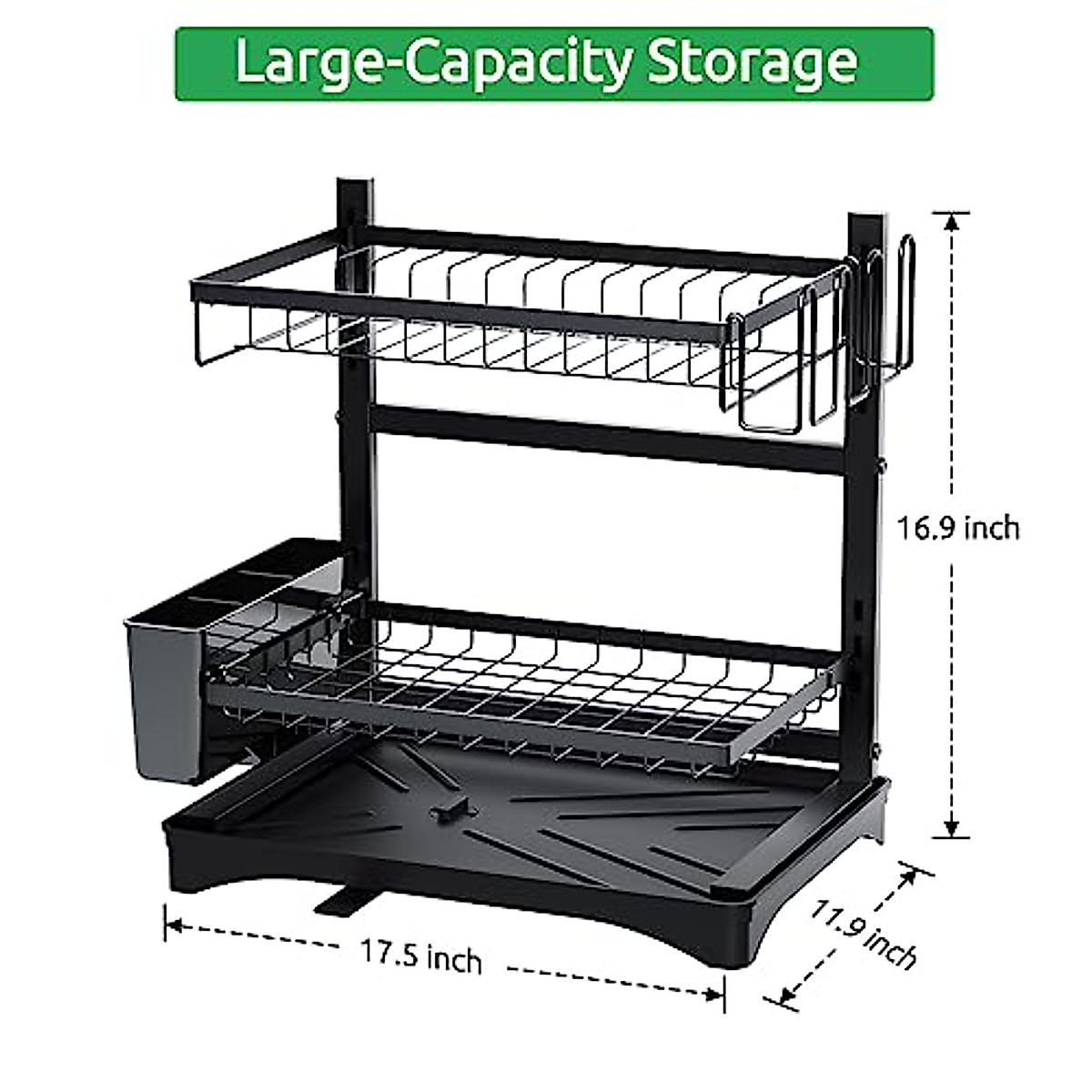 KOOTETA Dish Drying Rack, 2-Tier Dish Rack for Kitchen Counter, Space Saving Kitchen Drying Rack, Dish Dryer Rack with Drainboard, Utensil Holder and Cup Holders, Black