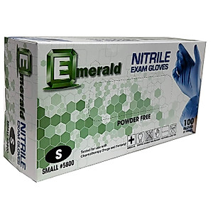 Emerald -100 Pack- Nitrile Medical Exam Gloves, Latex Free, Powder Free, Blue, Size: Small