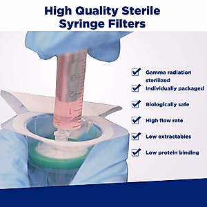 10 Pack Syringe Filter Sterile PES Hydrophilic Filtration 0.22um Pore Size, 33mm Membrane Diameter Sterile PES Membrane Individually Packed by Membrane Solutions