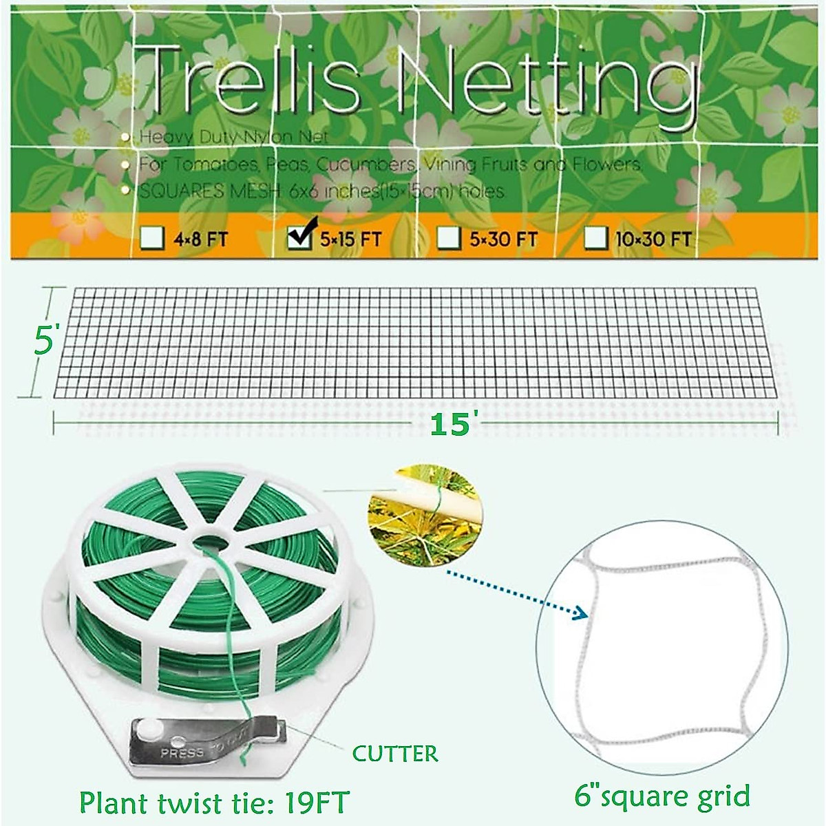 RC SLL Garden Trellis Netting 5×15FT 2-Pack,Heavy-Duty Polyester Trellis Net for Climbing Plants Outdoor,Plant Supporting Net for Vine Plants,Hydroponics Garden Climbing Net,Bonus One Twist Tie