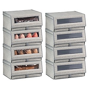 mDesign Large Fabric Closet Shoe Storage Box w/Clear Window - Shoe, Sandal, Sweater, Linen, Clothes Organizer - Boot Storage Solutions - Shoe Bin - Lido Collection, 8 Pack, Gray