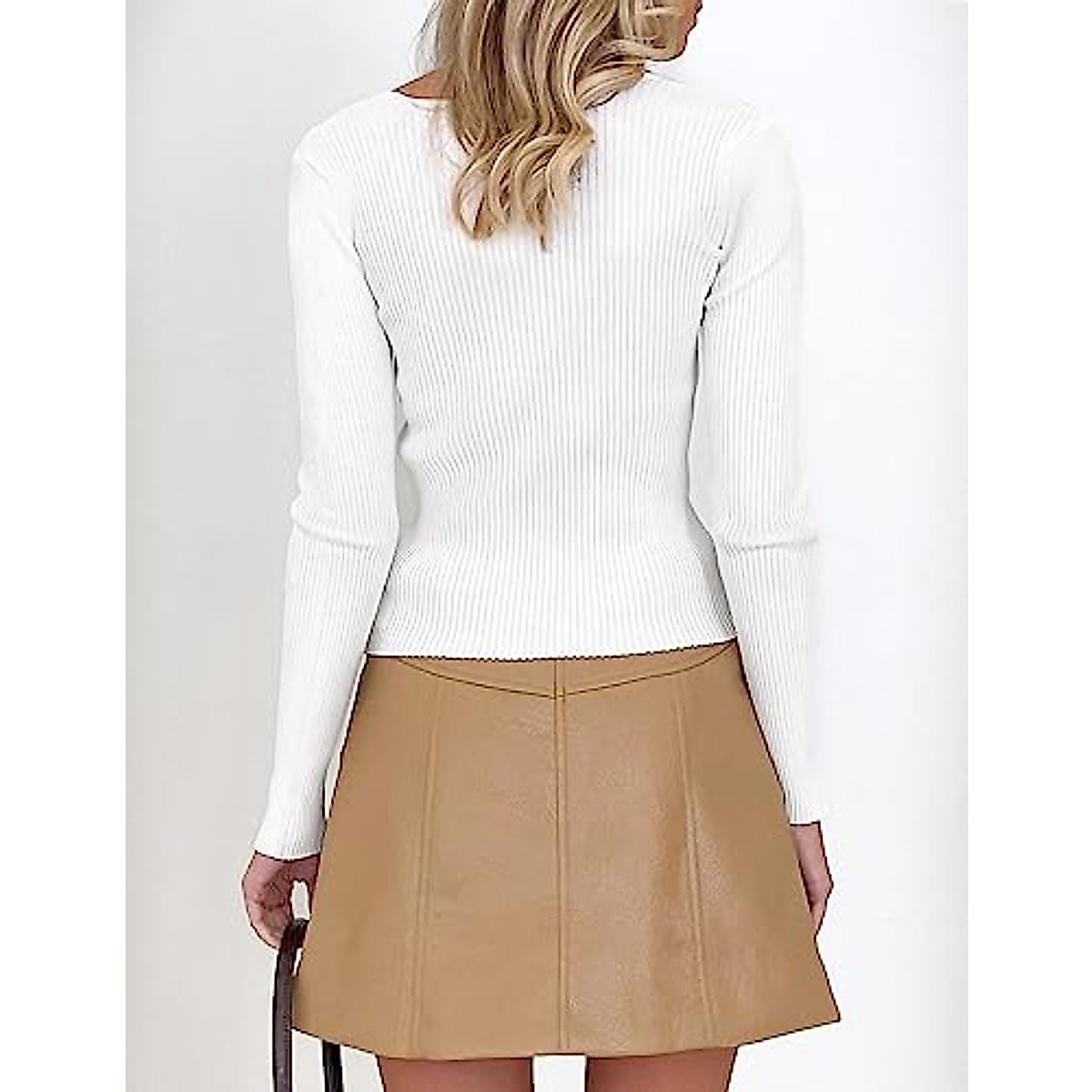 ZESICA Women's 2023 Long Sleeve Square Neck Shirts Fall Clothes Slim Fitted Ribbed Knit Sweater Basic Tee Tops,White,Large